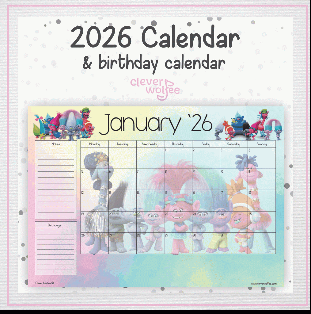 Trolls calendar 2026 – Clever Wolfee