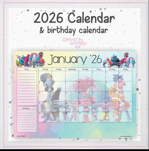 Trolls calendar 2026 – Clever Wolfee