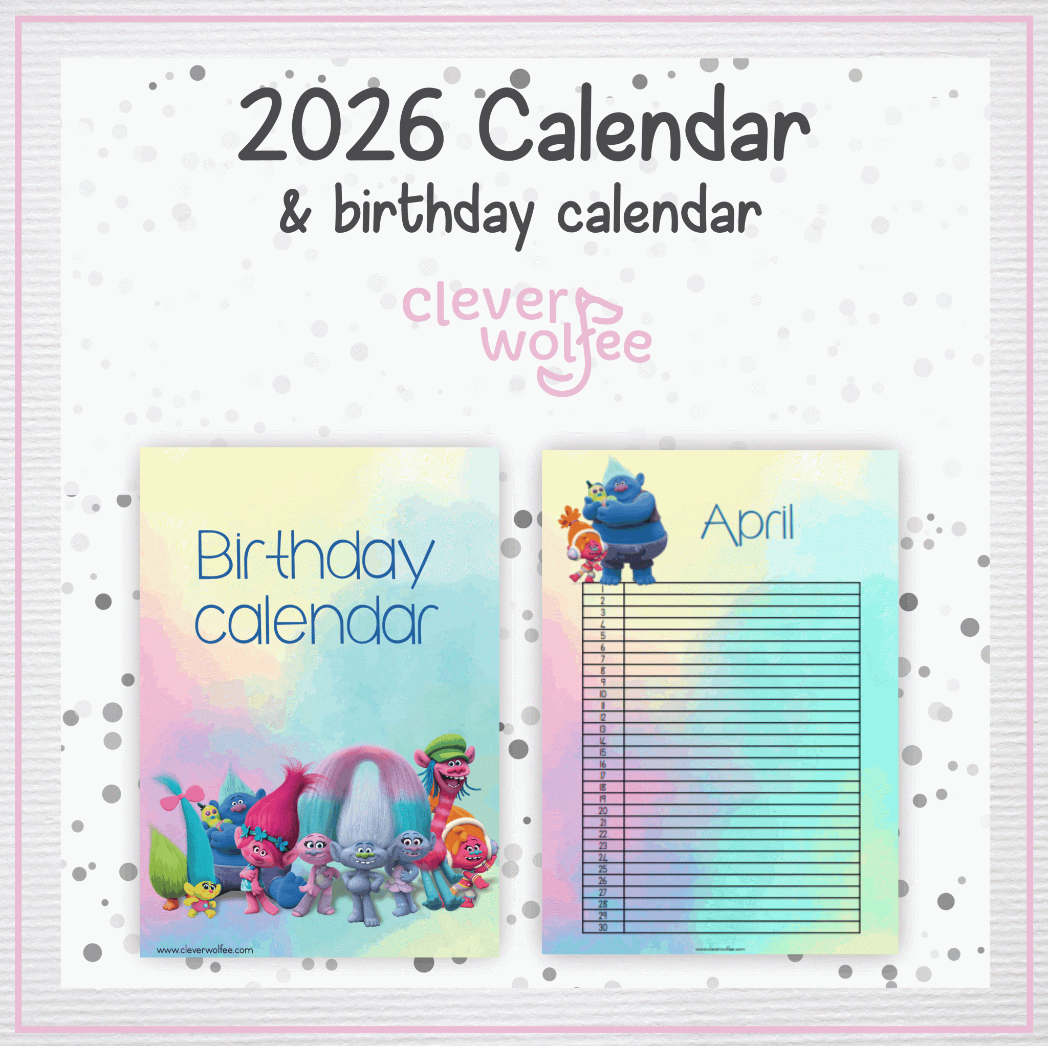 Trolls calendar 2026 – Clever Wolfee