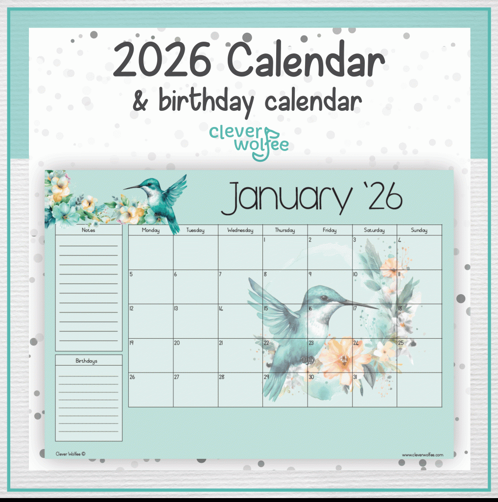 Hummingbirds calendar 2026 – Clever Wolfee