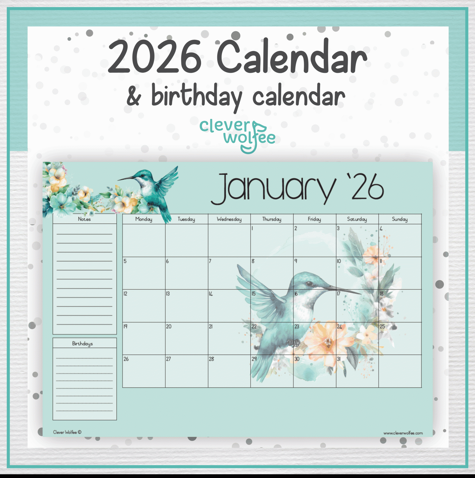 Hummingbirds calendar 2026 – Clever Wolfee
