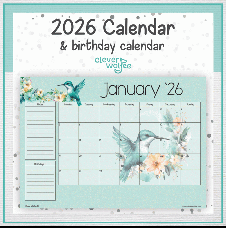 Hummingbirds calendar 2026 – Clever Wolfee