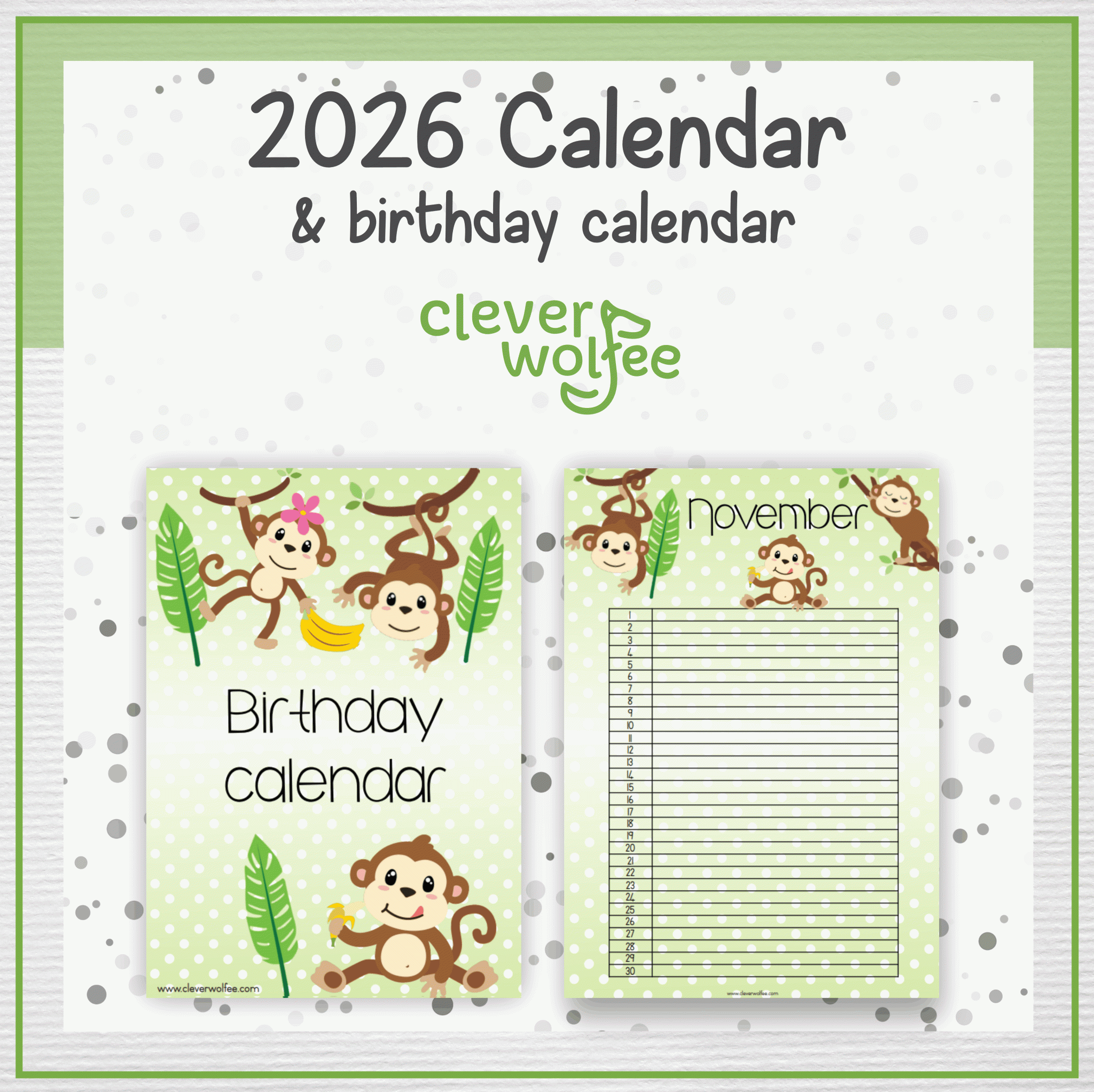 Monkey calendar 2026 – Clever Wolfee