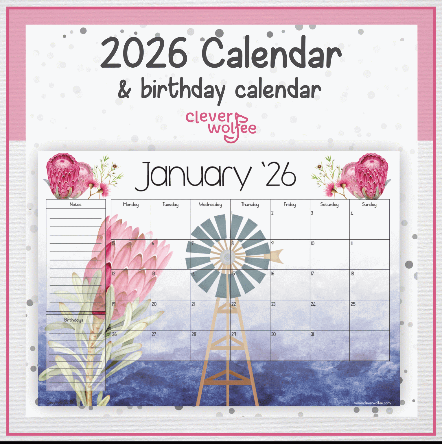 Proteas and windmill calendar 2026 – Clever Wolfee