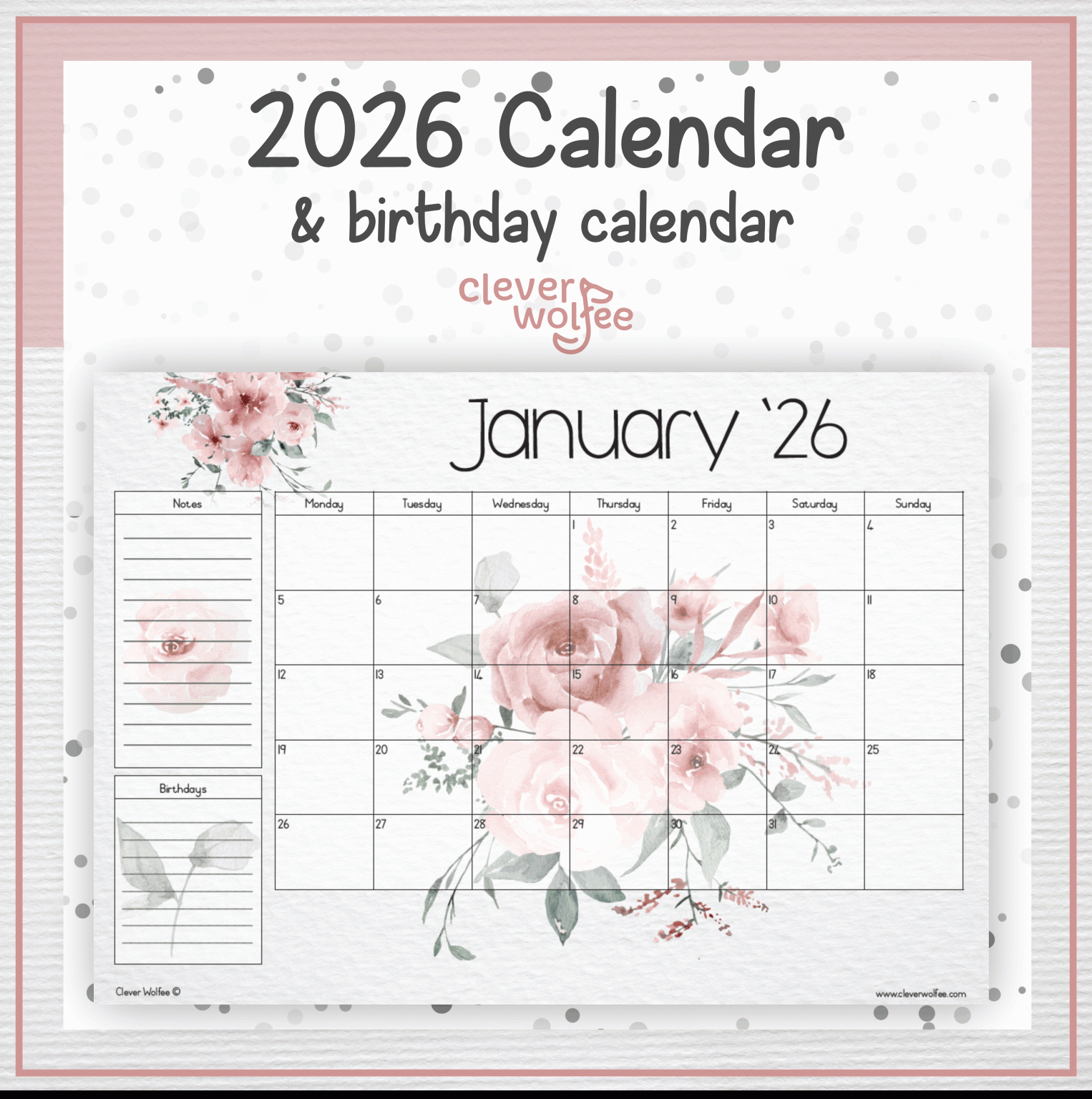 Rose calendar 2026 – Clever Wolfee