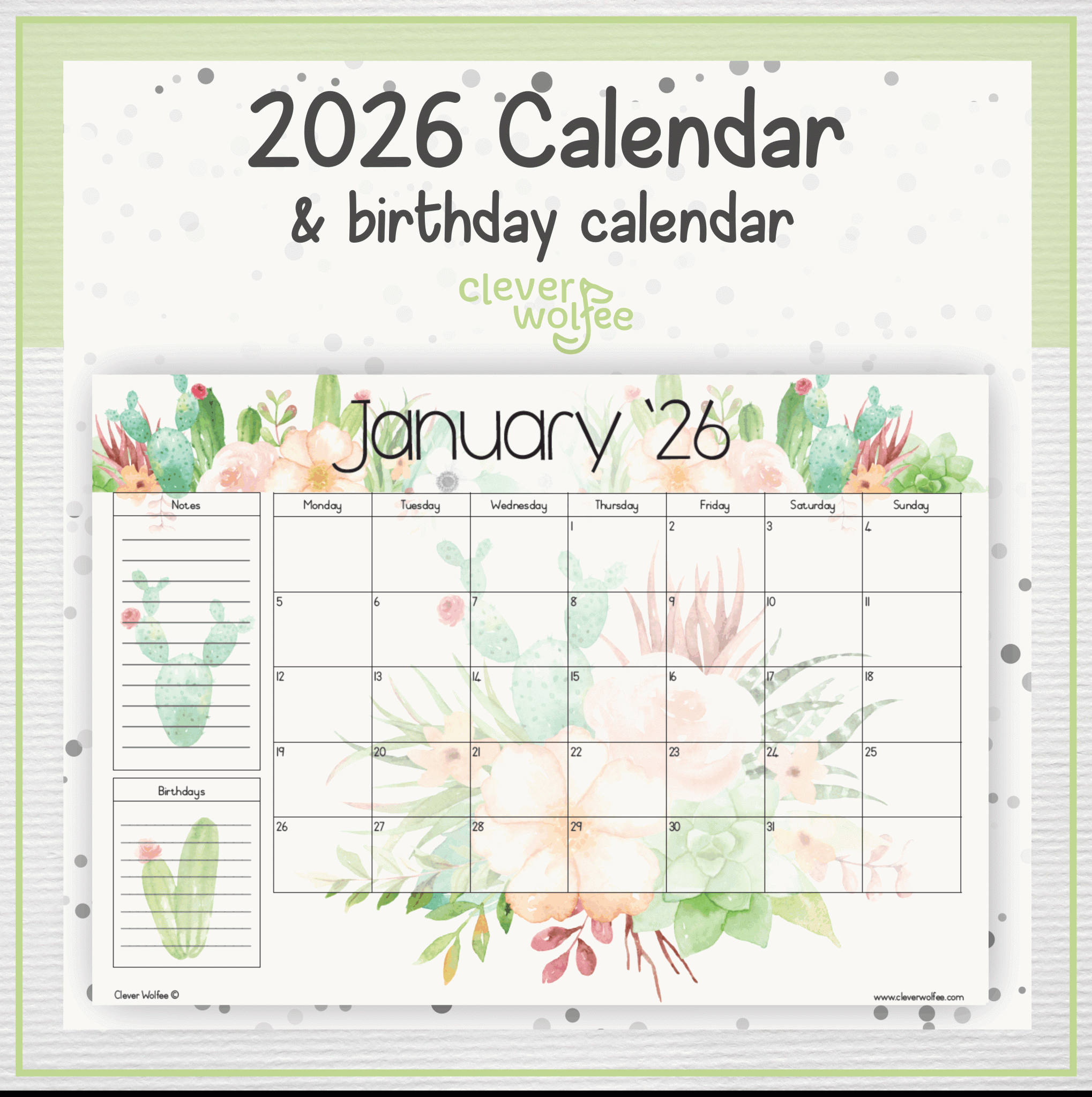 Succulents calendar 2026 – Clever Wolfee