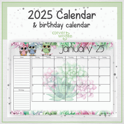 Owl calendar 2025 – Clever Wolfee